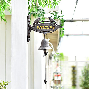 Sungmor Heavy Duty Cast Iron Wall Hanging Bell Welcome Sign - Decorative Retro Style Lovely Birds Manually Shaking Doorbell - Indoor Outdoor Wall Mounted Dinner Bell - Garden Home Wall Art Decoration