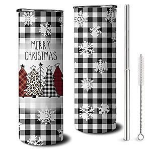 20 oz Christmas Skinny Tumblers with Lid and Straw, Buffalo Christmas Tree Stainless Steel Vacuum Insulated Travel Coffee Mug Cup Water Bottle, Christmas Decor Stuff Accessories Gifts for Women
