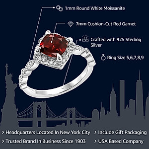 Gem Stone King 925 Sterling Silver Red Garnet and Moissanite Solitaire Ring For Women (2.19 Cttw, Cushion Cut 7MM, Gemstone, Available in Size 5, 6, 7, 8, 9)