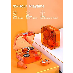 Open Ear Headphones Bluetooth Air Conduction Earphones, 48 Hours Playback with Charging Case, Ear Clips Buds Bluetooth Wreless Earbuds, Open Ear Earbuds for Workout Cycling Running Gym (Orange)