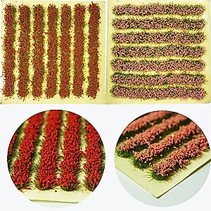 Cayway 2 Color Miniature Shrub Strips Static Shrub Vegetation Groups DIY Miniature Colorful Flower Cluster Static Grass Tuft for DIY Model Train Landscape Railroad Scenery, Pink and Red