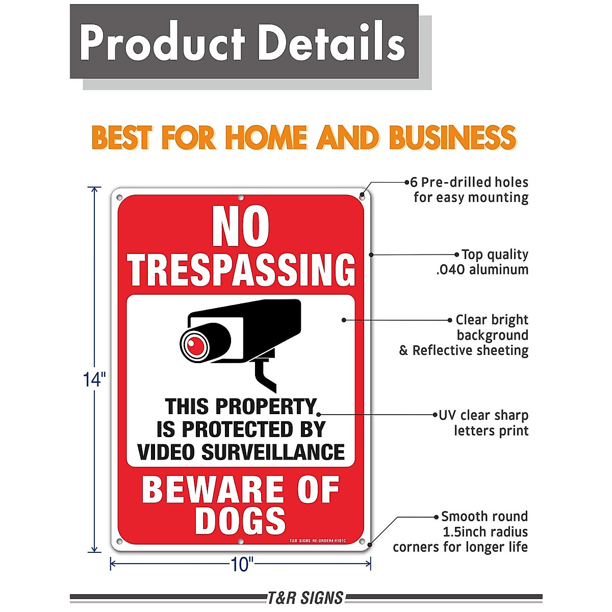 No Trespassing This Property Is Protected By Video Surveillance Beware Of Dogs Metal Reflective Sign - 14 x 10 Inches .040 Aluminum - 6 Pre-Drilled Holes - UV Protected, Waterproof and Fade Resistant