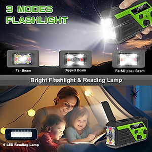 6000mAh Emergency Hand Crank Radio Portable AM FM NOAA Weather Radio,Battery Powered Radio with 4 Charge Cable,Phone Charger,SOS Alarm,LED Reading Lamp Emergency Flashlights for Camping Emergency Home