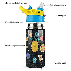 Custom Sun Galaxy Planet Kids Water Bottle for Girls Boys Personalized Insulated Stainless Steel Sports Water Bottles with Straw Lid Customized Reusable Drinking Bottles for School