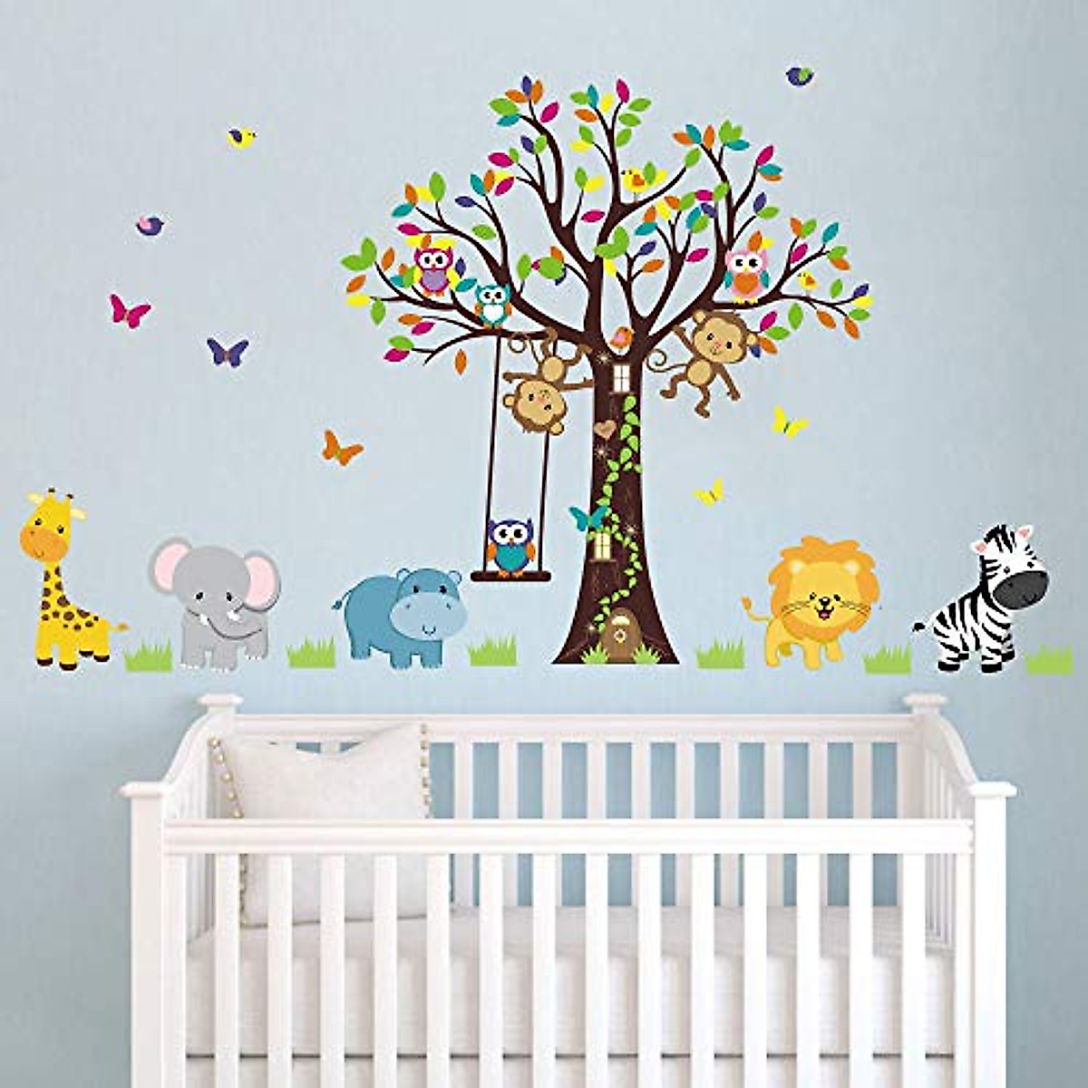 Runtoo Animals Tree Wall Decals Monkey Giraffe Elephant Wall Art Stickers for Kids Bedroom Baby Nursery Wall Décor