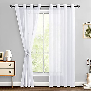 Hiasan White Sheer Curtains 84 Inches Long with Tiebacks, Light Filtering Semi Transparent Lightweight Voile Grommet Window Curtains for Bedroom, Living Room, W52 x L84, Set of 2 Drape Panels