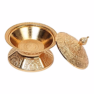 Alisveristime Traditional Ottoman Turkish Handmade Zamac Sugar Bowl with Lid (Diameter 3.34", Length 3.54"), Intricate Motifs, Ideal for Coffee and Tea Serving (Gold)
