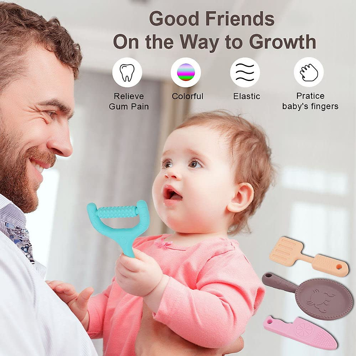 Sactulaz 0-BPA silicone culinary kitchen utensil baby teething toys,Chef cooking role playing games training for baby girls boys,Molar chewing freezer teether toys for 6-12 Months infants,kids,4 Pack