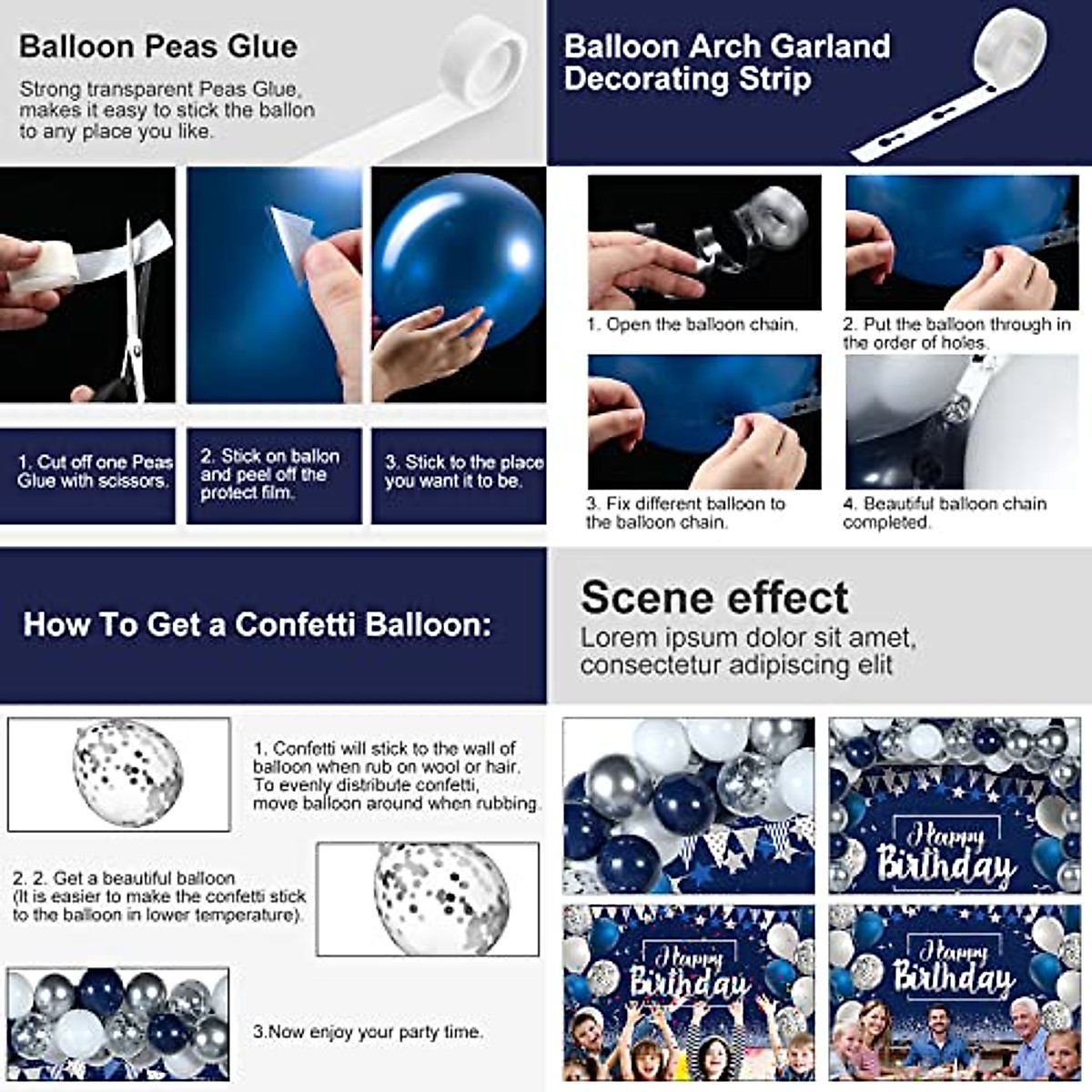 Navy Blue Birthday Confetti Balloons Kit Set 50 Pieces Blue Birthday Photography Backdrop Banner Package for Boys Girls Men Women Birthday Party Decorations Supplies (Navy Blue and Silver)