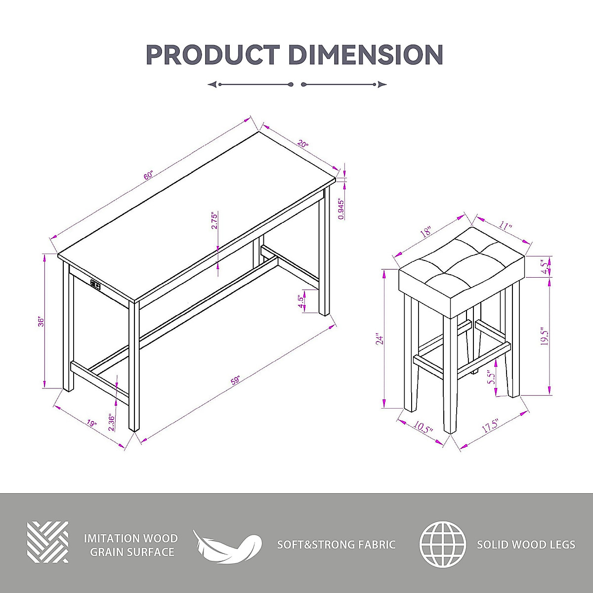 YWUFUART 60'' Industrial Black Solid Wood Bar Table Set with Power Outlet and 3 Grey Chairs for Living Room Dining Room Game Room