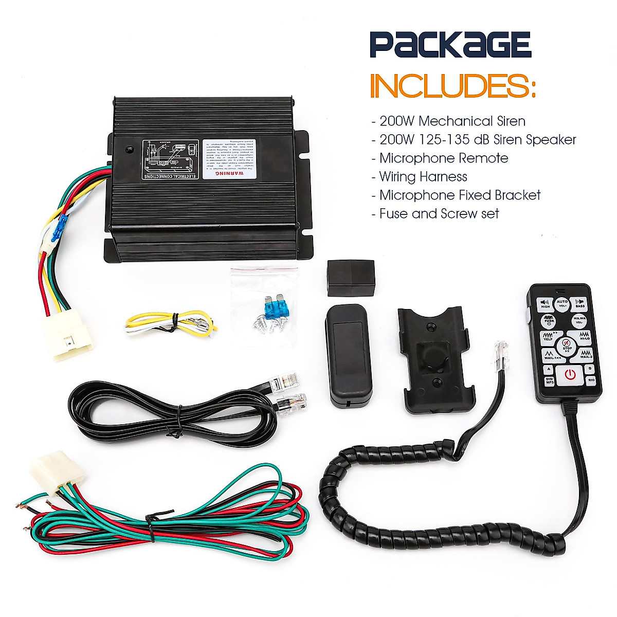 BooYu 12V 200W 37 Tones Police Warning Emergency Siren PA System [Slim Speaker Horn][135dB][Handheld Microphone][Hands-Free][2 x 10A Switches] for Firefighter Ambulance Vehicles Truck Car SUV ATV UTV