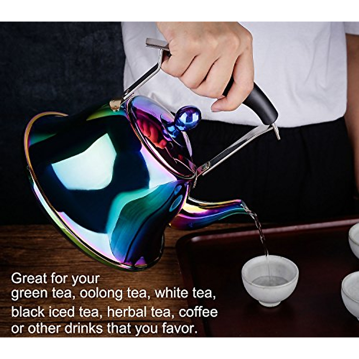 Onlycooker Whistling Tea Kettle Stainless Steel Stovetop Teakettle with Infuser Sturdy Teapot for Tea Coffee Fast Boiling Color Rainbow Mirror Finish 2 Liter / 2.1 Quart