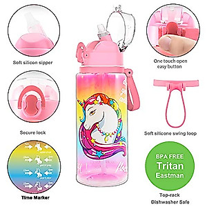 Home Tune 23oz Kids Water Drinking Bottle - Tritan BPA Free, Wide Mouth, Auto Flip Cap, Secure Lock, Easy Open, Lightweight, Leak-Proof Time Marker Water Bottle For Girls & Boys - Mermaid