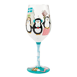 Enesco Designs by Lolita Holiday Penguins and Presents Hand-Painted Artisan Wine Glass, 15 Ounce, Multicolor