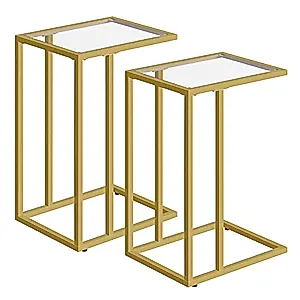 HOOBRO C Shaped End Table Set of 2, Tempered Glass Snack Side Table with Metal Frame, TV Tray Table for Small Space, Sofa Couch and Bed, Modern Style, Gold GD03SFP201