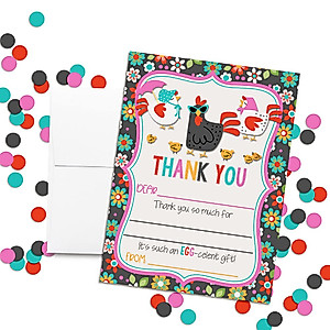 Amanda Creation Cool Chick Chicken Birthday Party Thank You Notes, Ten 4" x 5.5" Fill-In the Blank Cards with 10 White Envelopes