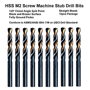 MAXTOOL 3/64" 10pcs Identical Screw Machine Drills HSS M2 Twist Stub Drill Bits Black-Bronze Fully Ground Straight Shank Short Drills; SMF02H10R03P10