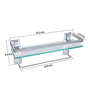 Vdomus Bathroom Tempered Glass Corner Shelf with Towel Bar Wall Mounted, Brushed Silver Finish