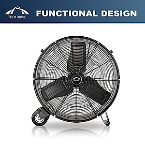 Tech Drive Heavy Duty Metal Industrial Drum Fan, 24 inch High Velocity Shop Fan, 2 Speed Large Floor Fan for Warehouse, Workshop, Factory, Garage, All Metal, Black