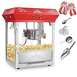 Olde Midway Bar Style Popcorn Machine Maker Popper with 6-Ounce Kettle - Red
