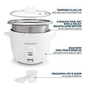 Elite Gourmet ERC-2020 Electric Rice Cooker with Stainless Steel Inner Pot Makes Soups, Stews, Grains, Cereals, Keep Warm Feature, 20 Cups Cooked (10 Cups Uncooked), White