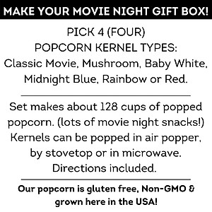 Custom Movie Popcorn Gift Set – Pick Your Set of 4 | Variety Popcorn Kernel Gift Set | Non-GMO Snacks & Gluten Free Popcorn + Accessories with Ready Black Gift Box by Dell Cove Spices and More