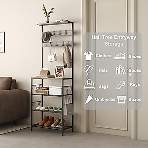 HOMEFORT Coat Rack with Shoe Storage, 5-Tier Shoe and Coat Rack with 9 Clothes Hooks, Freestanding Hall Tree Organizer for Entryway, Bedroom,Grey