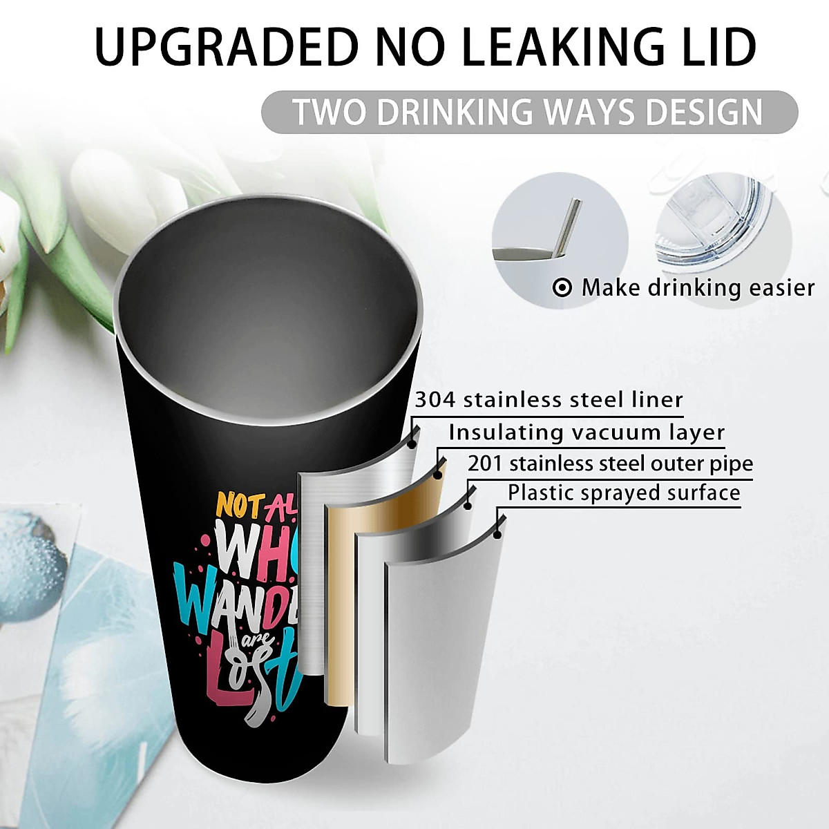 20 oz Water Bottle Coffee Mugs Not All Who Wander are Lost Water Bottles with Straw Thermo Coffee Mug Vintage Sublimation Cups 20 oz Skinny Gift for Employees