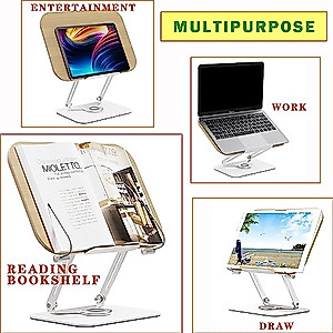 Book Stand for Reading Hands Free,Multi-Angle Adjustable Book Holder Stand with 360° Rotating Base & Page Clips,Foldable Cookbook Stand for Laptop Display Textbook Recipe Book Document Sheet Music