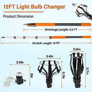 Light Bulb Changer,18FT Reach High Light Bulb Changer with Basket and Suction Cup,Light Bulb Changer for High Ceilings with 3-12FT Telescopic Extension Pole for High Ceilings and Recessed Lights