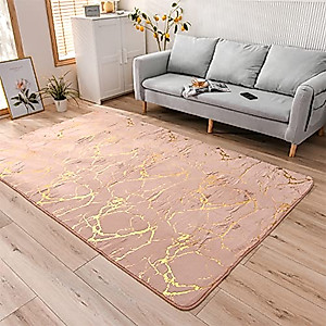 Aimuan Pink Rug Soft Gold Marble Metallic Glitter Area Rug Nursery for Princess Prince Modern Faux Rabbit Fur Mat Fluffy Plush Velvet Home Carpet Throw Rug Non-Skid Dots Backing (Pink, 5×8ft)