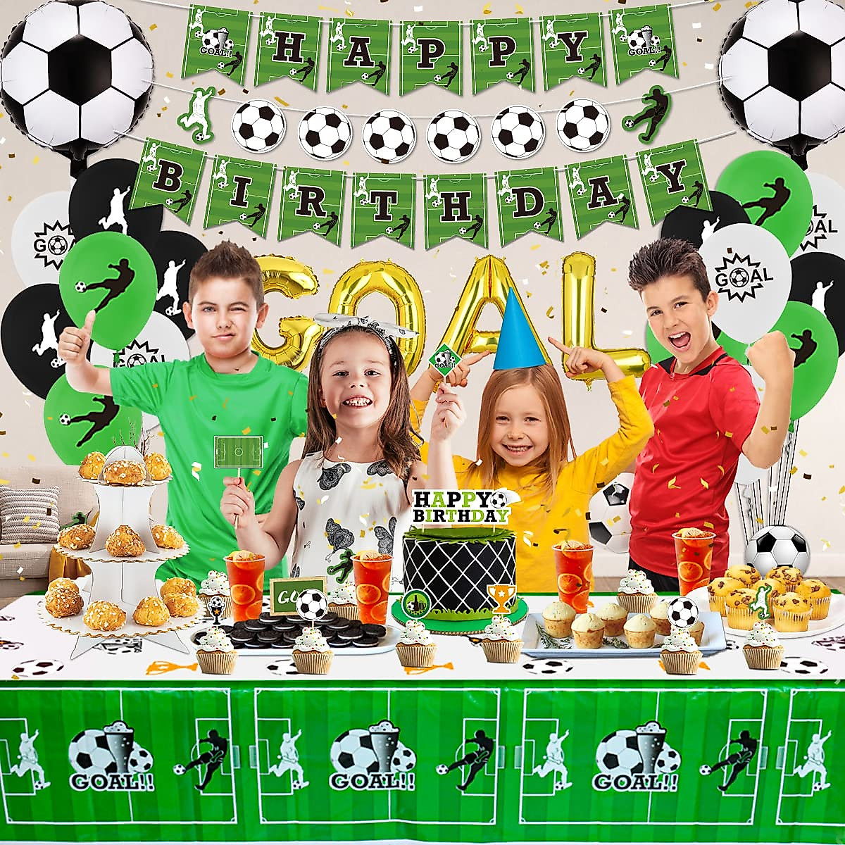 Soccer Party Supplies - 3 Set Soccer Themed Happy Birthday Banners, 1 Table Cloth, 10 Cake Toppers and 15 Soccer Theme Balloons Decorations for Kids and Soccer Fans Birthday Party