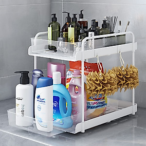 QDTTSRY Pull Out Under Sink Organizer Storage, 2 Tier Under Sink Shelf Kitchen Cabinet Organizers with Hooks for Home Kitchen Bathroom Cabinet and Countertop - Clear & White