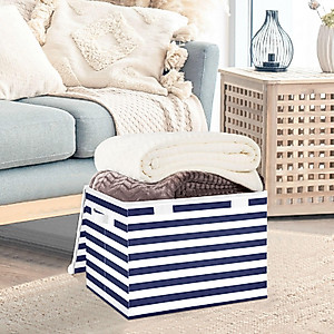YETTASBIN Navy Blue Stripes Storage Basket with Lid and Handles, Large Collapsible Fabric Storage Bins Sturdy Storage Organizer for Shelves, Closet, Bedroom, School, Office, Home Decor