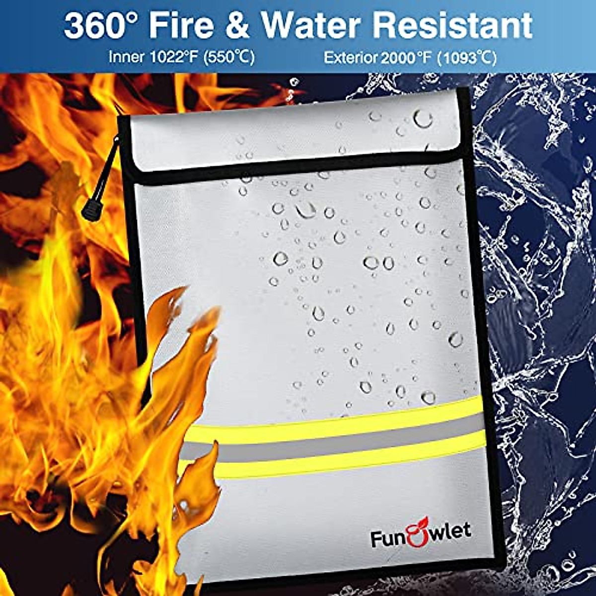 Fireproof Waterproof Money Document Bag - 15" x 11" Upgraded Zipper Bags, Fire & Water Resistant Storage Organizer Pouch for A4 A5 Documents Holder,File,Cash,Jewelry,Passport,Tablet,Laptop (Gray)