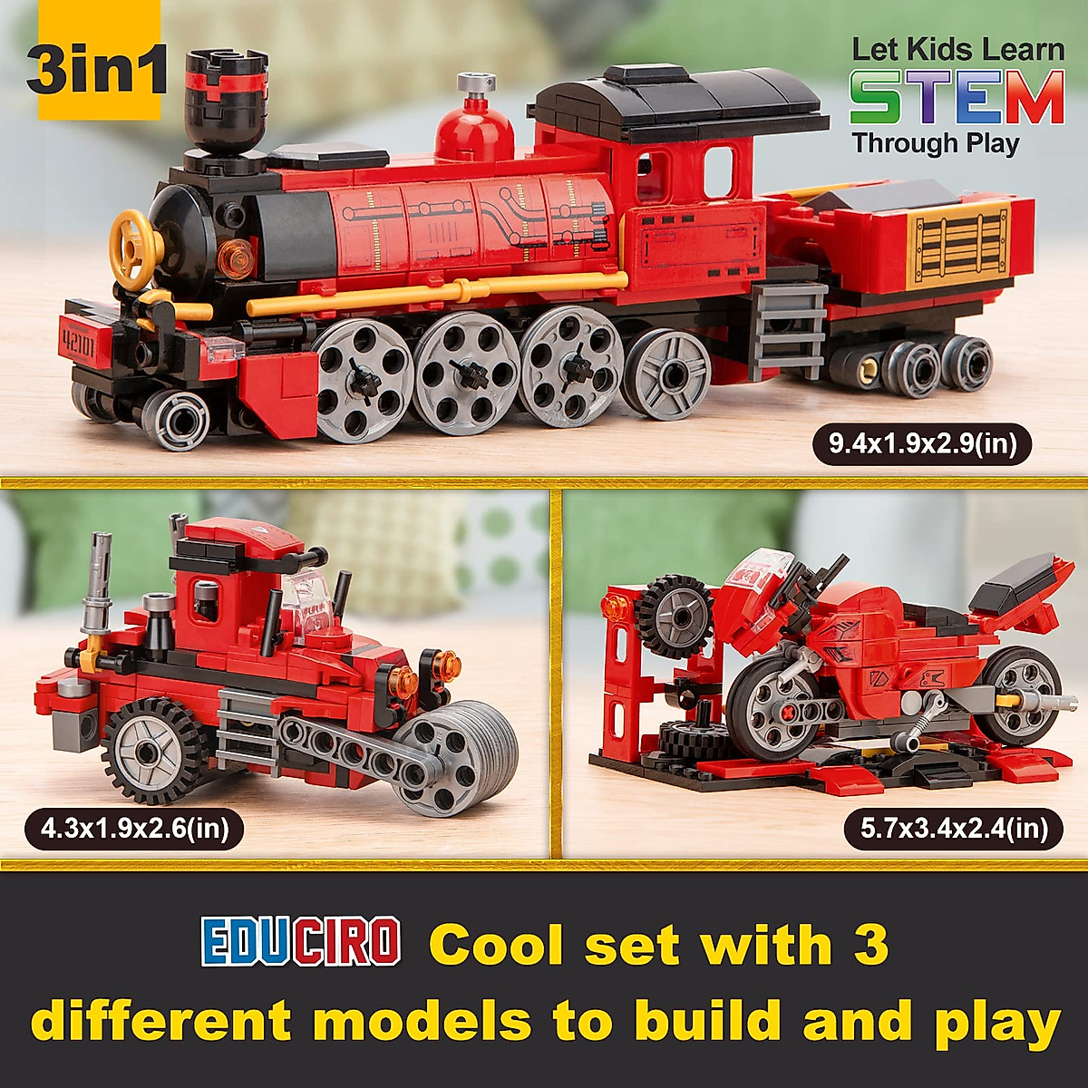EduCiro Toys Train Sets, 3 in 1 Building kit Steam Train Motorcycle Tractor for Kids,New 2021 Creative Play and Easy to Follow (305 Pieces)