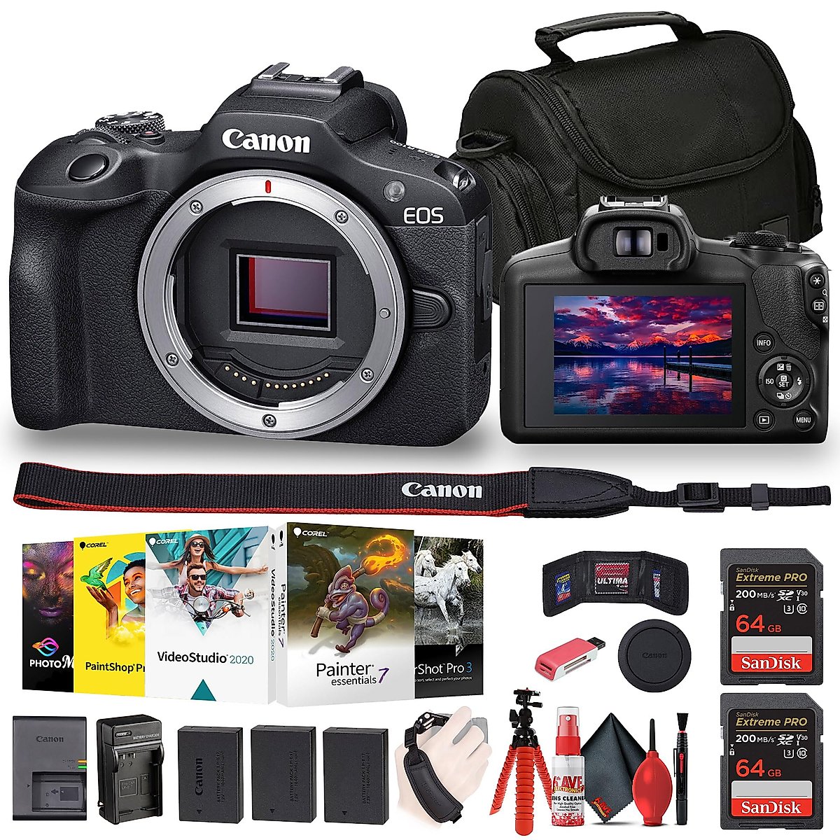Canon EOS R100 Mirrorless Camera (6052C002) + Corel Software + Bag + 2 x 64GB Card + 2 x LPE17 Battery + Charger + LED Light + Card Reader + Flex Tripod + Cleaning Kit + Memory Wallet + More (Renewed)