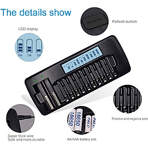 CITYORK 12 Bay LCD Universal Battery Charger for Rechargeable AA AAA NIMH NICD Batteries and 18650 18490 17670 17500 16340 Rechargeable Lithium Batteries, Fast Charger（NOT Include Battery）