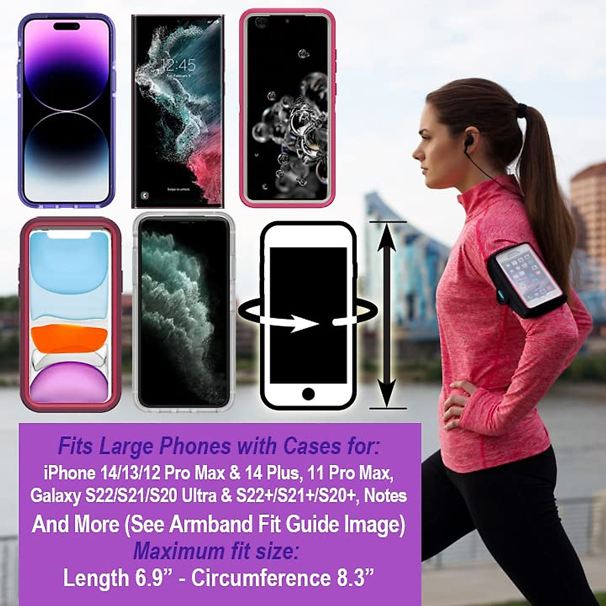 Tune Belt AB92 Cell Phone Running Armband Holder Case for iPhone 14 Pro Max, 14 Plus, 11/12/13 Pro Max, 11/XR/XS Max and Galaxy Note/Plus/Ultra (Extra Depth fits Large Case) - Black