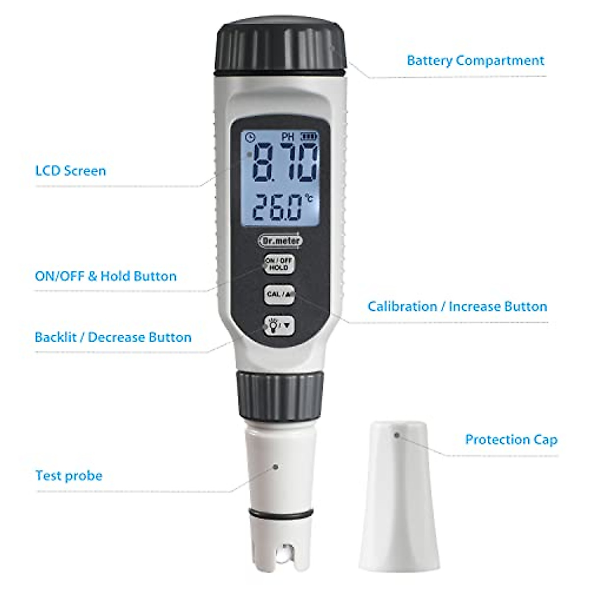 Dr.meter pH Meter, Upgraded 0.01 Resolution High Accuracy PH Tester with Backlit Two-Color LCD Display and ATC, 0-14pH Measurement Range with Data Hold Function Digital pH Tester Pen-PH838