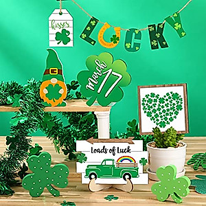 12 Pieces St. Patrick's Day Tiered Tray Decor Wooden Shamrock Decorations Table Wooden Gnome Heart Irish Sign Farmhouse Natural Wood Sign for Home Kitchen Bar Decoration