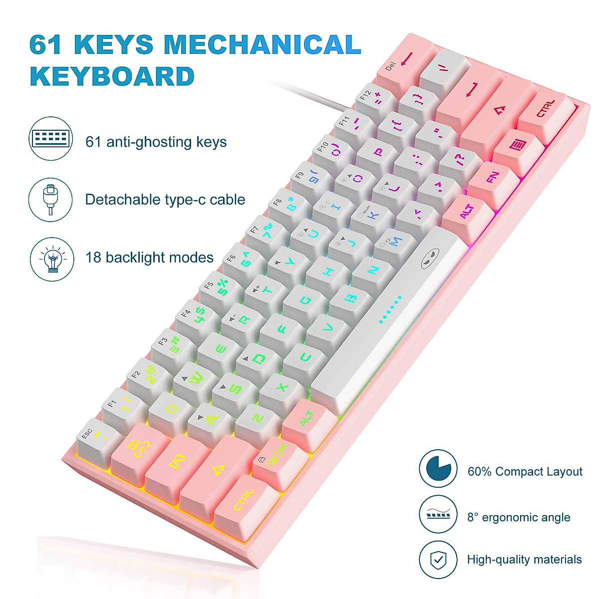 MageGee 60% Wired Gaming Keyboard, RGB Backlit Ultra-Compact Mini Keyboard, Waterproof Mini Compact 61 Keys Keyboard for PC/Mac Gamer, Typist, Travel, Easy to Carry on Business Trip(White Pink)