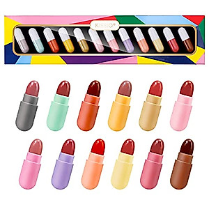KISSIO Lipstick Set 12 Colors,Mini Matte Lipstick,Pill Lipstick Set,Waterproof Long Lasting Mini Capsules Lipstick,Travel Friendly,Cruelty Free,2.33 Oz