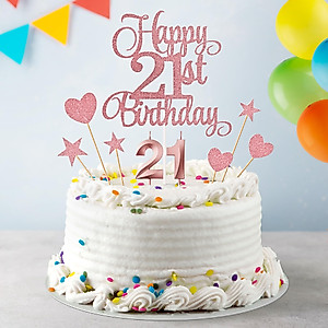 Lecferrarc 21st Birthday Cake Decorations, 21st Birthday Candles Cake Numeral Candles and Glitter Happy 21st Birthday Cake Toppers Set for Birthday Party Supplies (Rose Gold)
