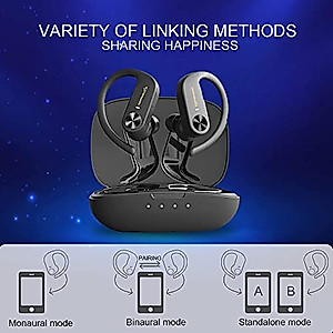 HAPPYAUDIO S1 Earbud TWS Headphones Bluetooth 5.0 Wireless Headset Sports w/Ear Hooks Built-in Mic Volume Control, IPX7 Water Resistant Sweatproof, 56Hrs Playtime for iOS Android (Black)
