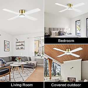 WINGBO 60 Inch Flush Mount DC Ceiling Fan with Lights and Remote, 4 Reversible Carved Wood Blades, 6-Speed Noiseless DC Motor, Hugger Ceiling Fan in Brass Finish with White Blades, ETL Listed