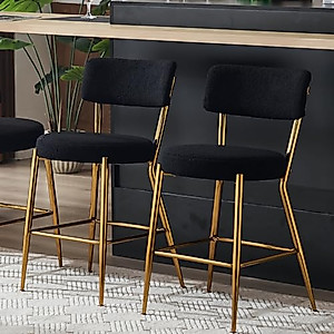 RIGHTPARTS Boucle Bar Stools Set of 2, 24 inch Modern Counter Height Bar Stools, Kitchen Island Stool Dining Chairs Tall Barstools with Backrest Fabric Upholstered Padded Metal Legs (2, Black 01)