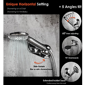 Suction cup Handheld Shower Head Holder - 5 Angles Adjustable - Unique Horizontal Setting - Large Shower Head Supports, Relocatable - Wall mounted with Vacuum Power (Chrome)