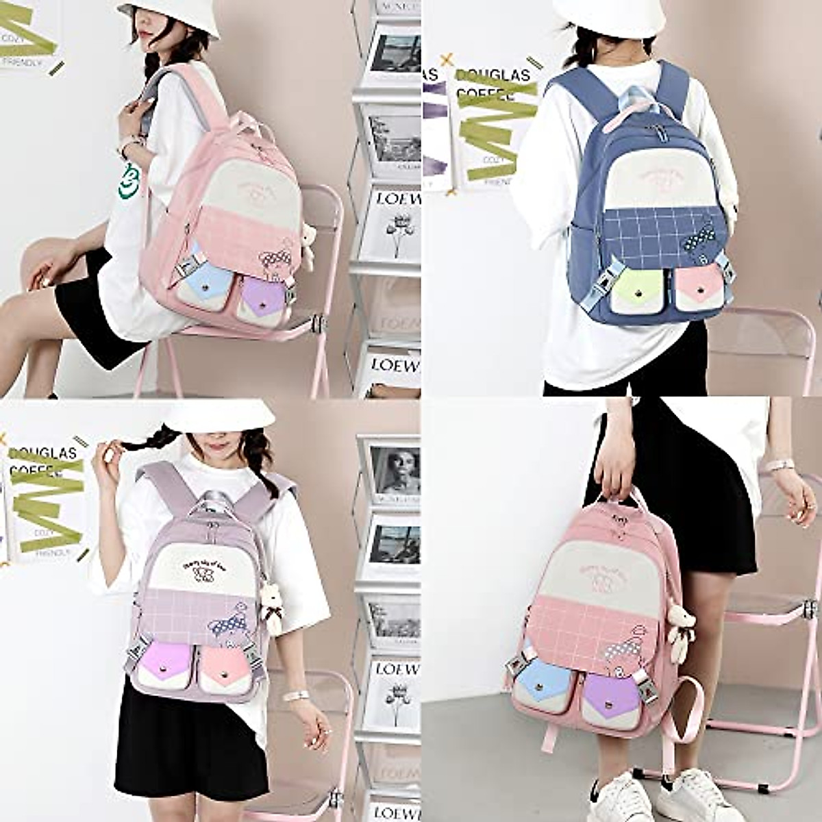 Girls Plaid Aesthetics Backpack Teens Lightweight Casual Bookbag Kawaii Travel Bag with Cute Accessories Schoolbag