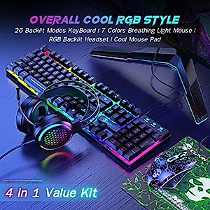 Wired Gaming Keyboard and Mouse Combo with Gaming Mouse Pad and Headset,4 in 1 Gaming Set 100% Full Size LED RGB Light up Ergonomic Gaming Bundle for Teclado Gamer/Computer PC Game/PS4/PS5/XBox Black